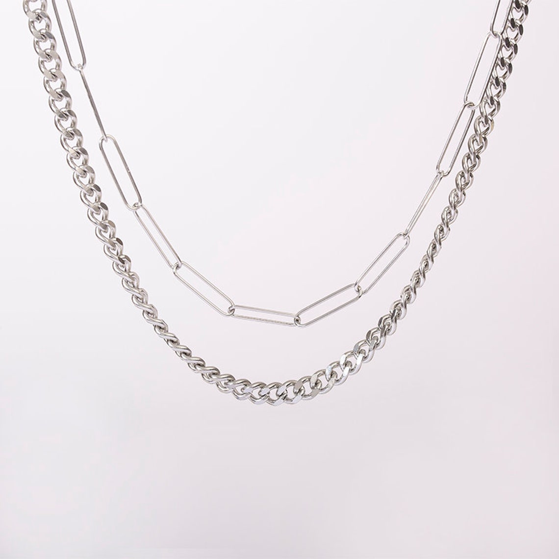 Chic Double Layered Silver Chain Necklace Paperclip and Cuban Curb ...
