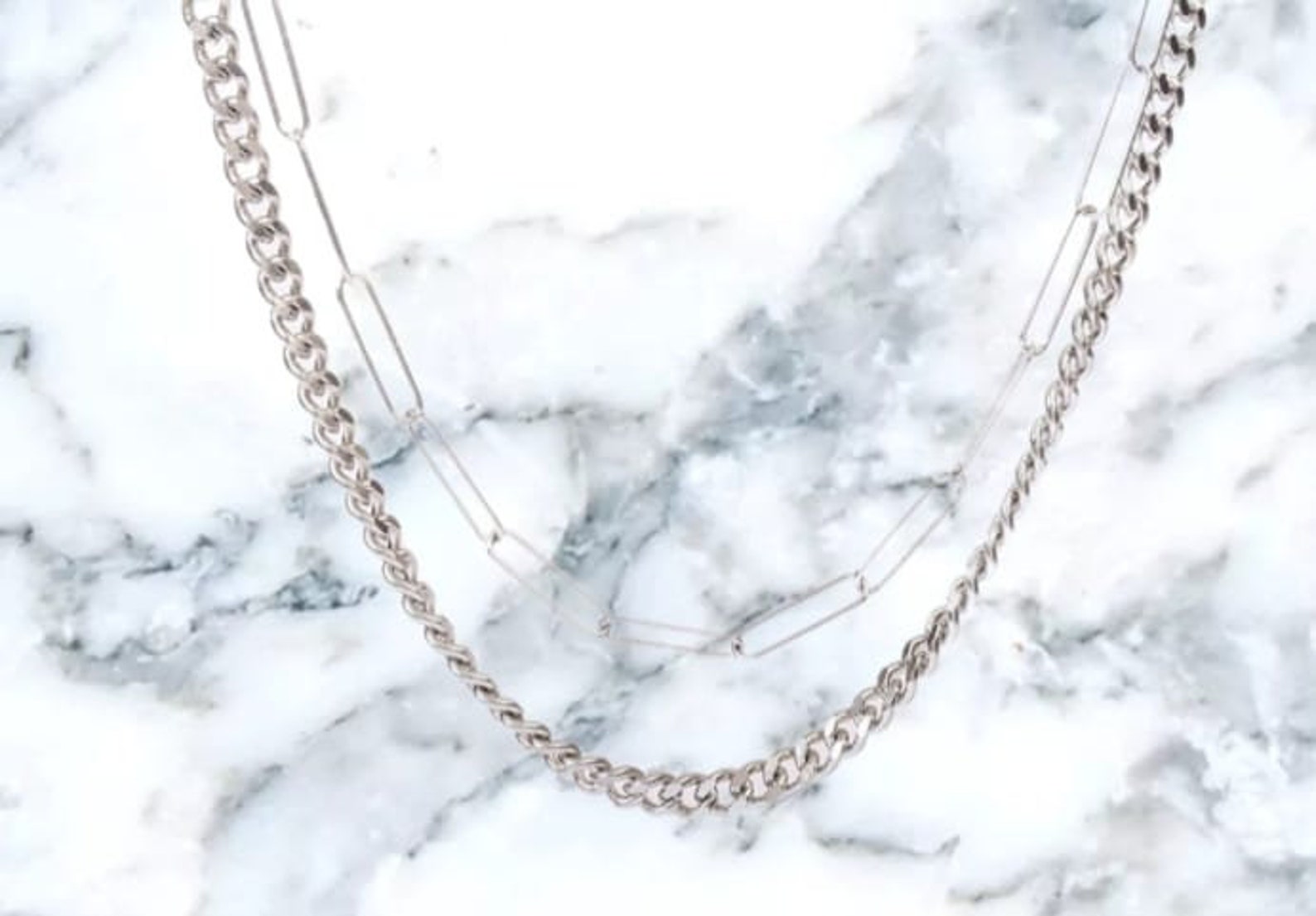 Chic Double Layered Silver Chain Necklace Paperclip and Cuban Curb ...