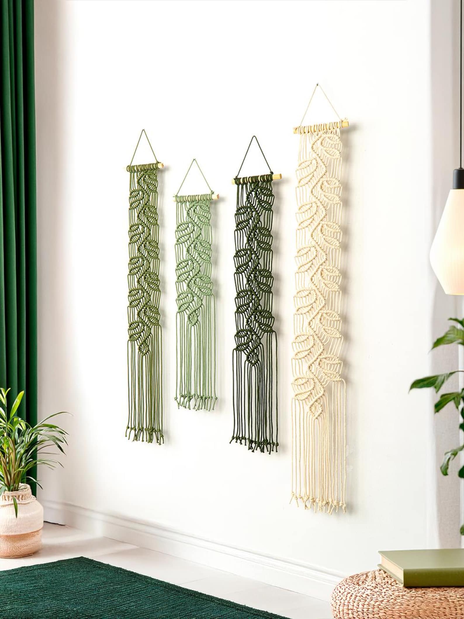 Botanical Macrame Wall Hanging, Mixed Green and Creamy Botanical Fiber ...