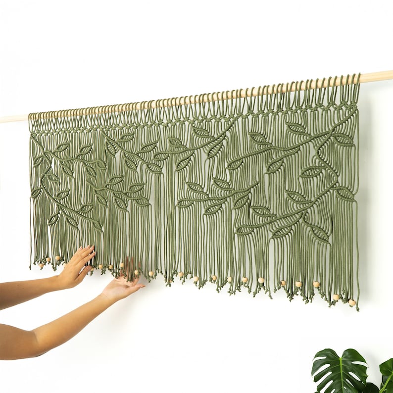 Olive Green Macrame Leaf Valance, Boho Cotton Curtain Topper With Wood ...