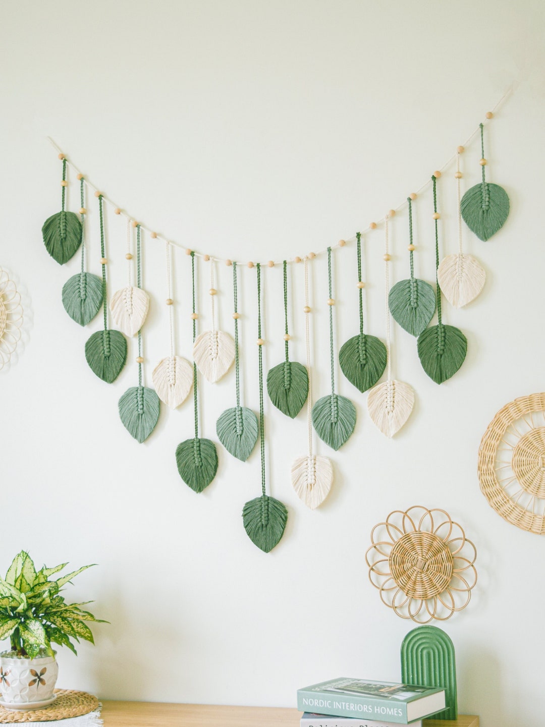 Green Macrame Leaf Garland, Falling Leaf Macrame Hangings, Large Leaf ...