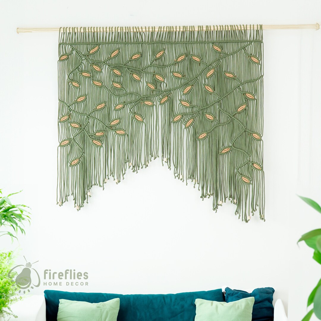 Large Macrame Curtain, Green Macrame Valance, Boho Doorway Curtain ...