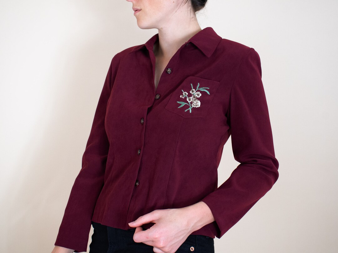 1980s Vintage Button up Top L Red Button up With Floral - Etsy