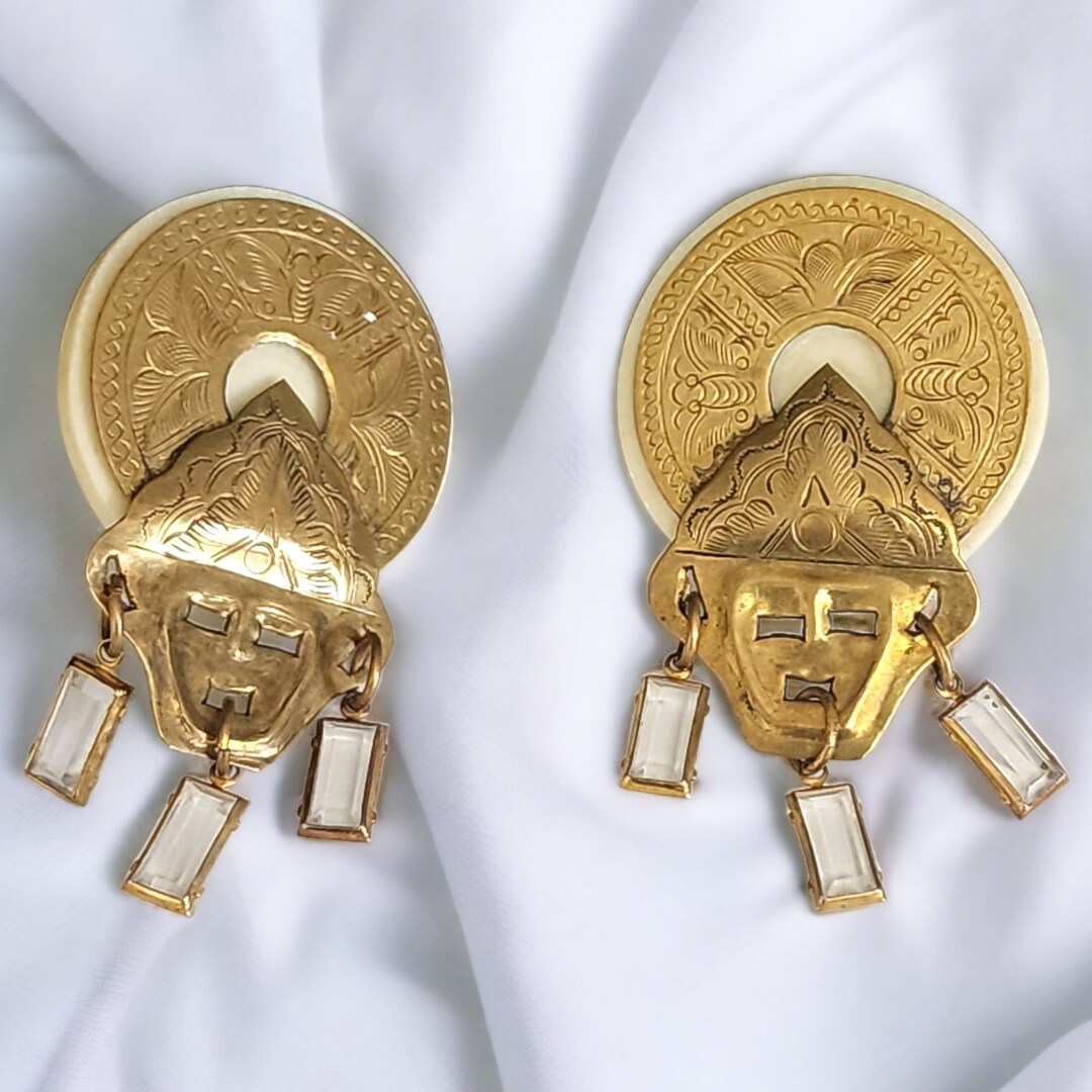 Large Mayan Aztec Tribal Face Drop Dangle Etched Brass Clip on Earrings ...