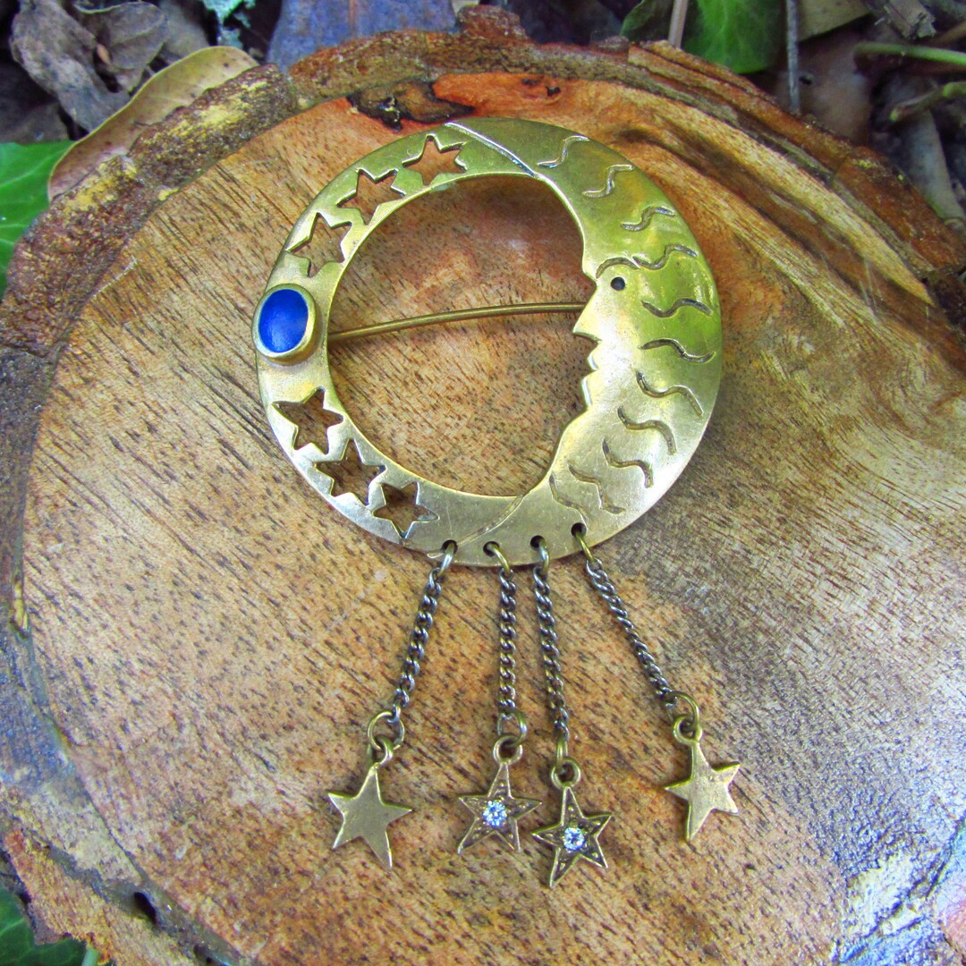 Polished Brass Moon and Stars Brooch | Moon and Stars Pin | Celestial ...
