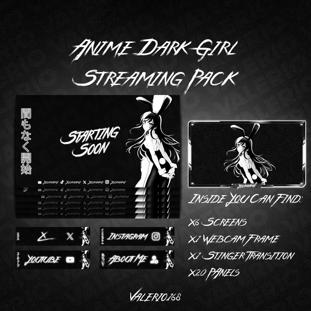 Animated Anime Dark Girl Streaming Pack Overlay | Screen, Webcam Frame ...