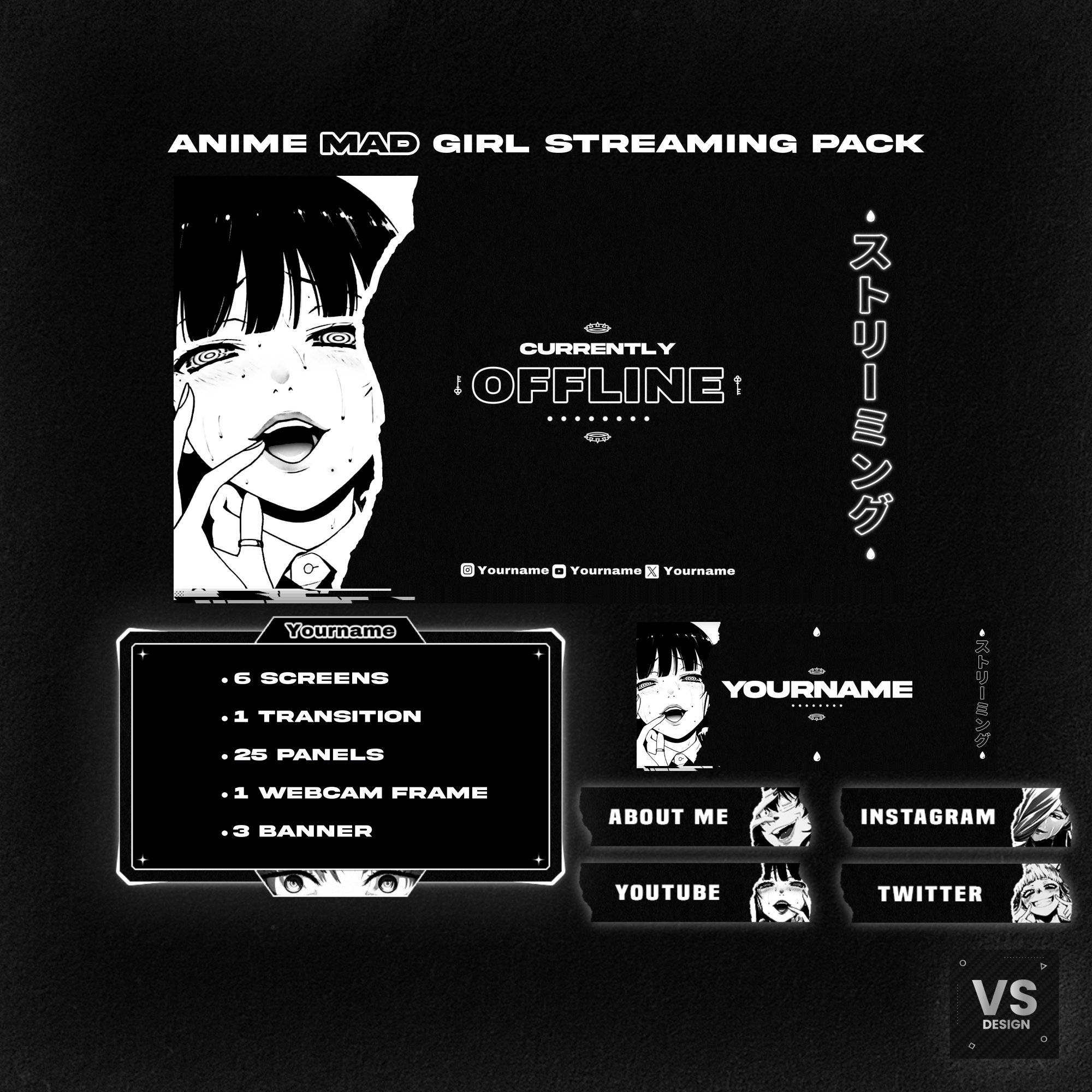 Animated Anime Mad Girl Streaming Pack Overlay Screen, Webcam Frame ...