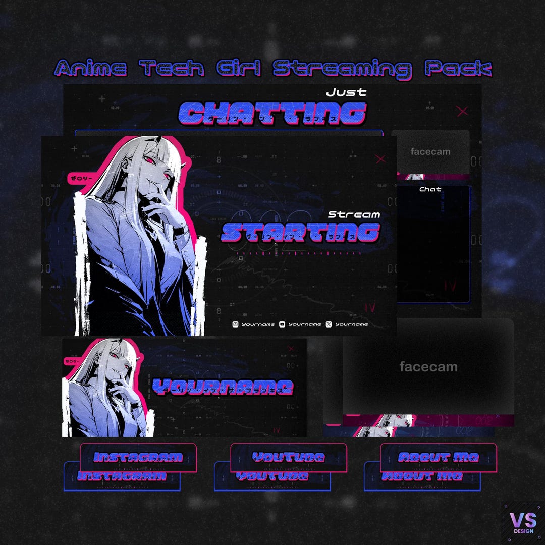 Animated Anime Tech Girl Streaming Pack Overlay | Screen, Webcam Frame ...
