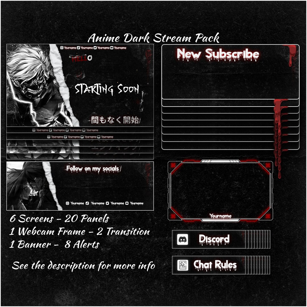 Animated Anime Dark Stream Pack Overlay | Screen, Webcam Frame ...