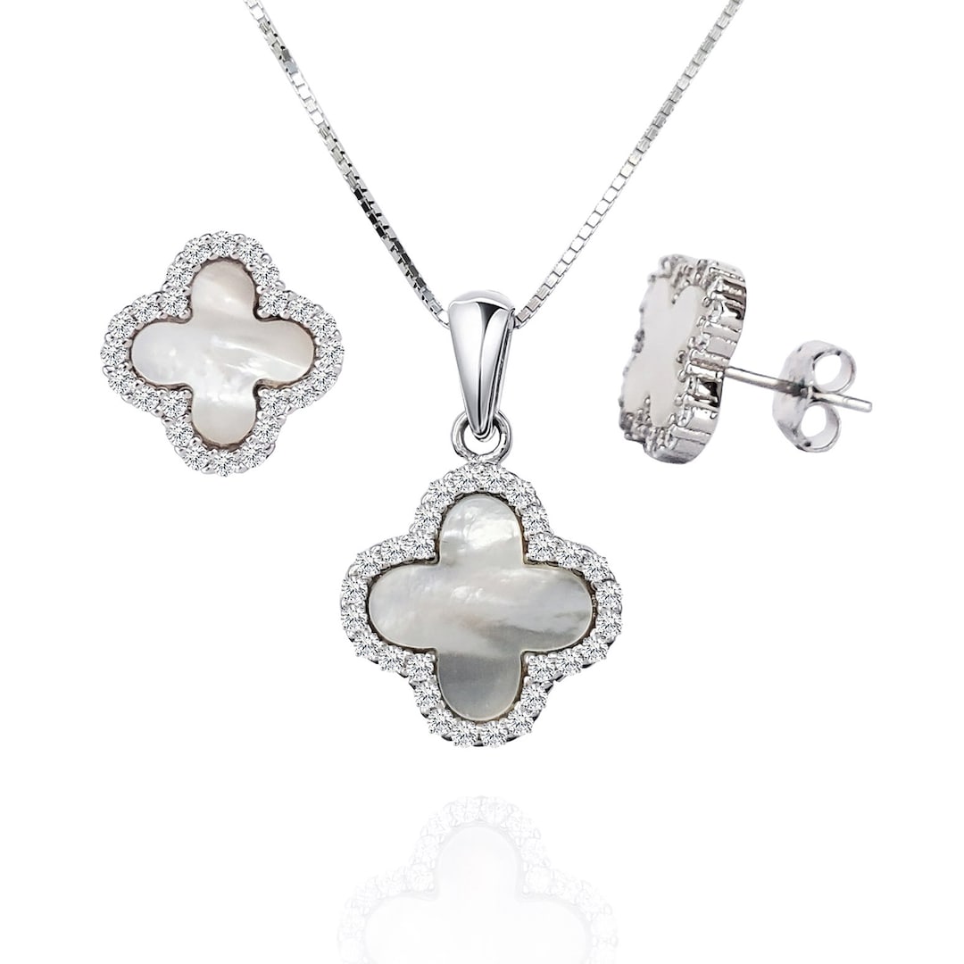 Sterling Silver Clover Jewelry Set: Mother of Pearl Necklace & CZ ...
