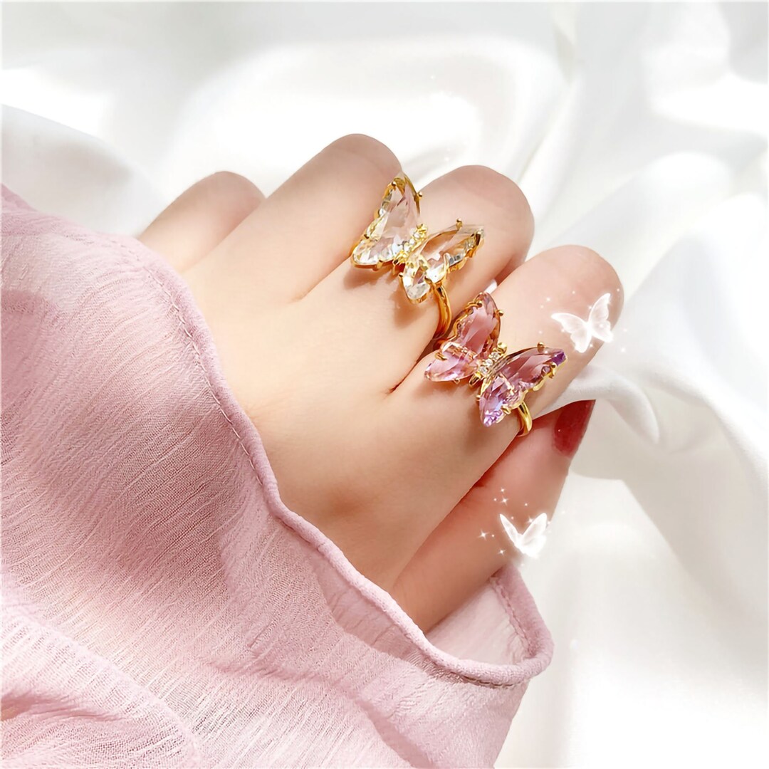 Dazzling Crystal Butterfly Ring Dainty Gold Adjustable - Etsy