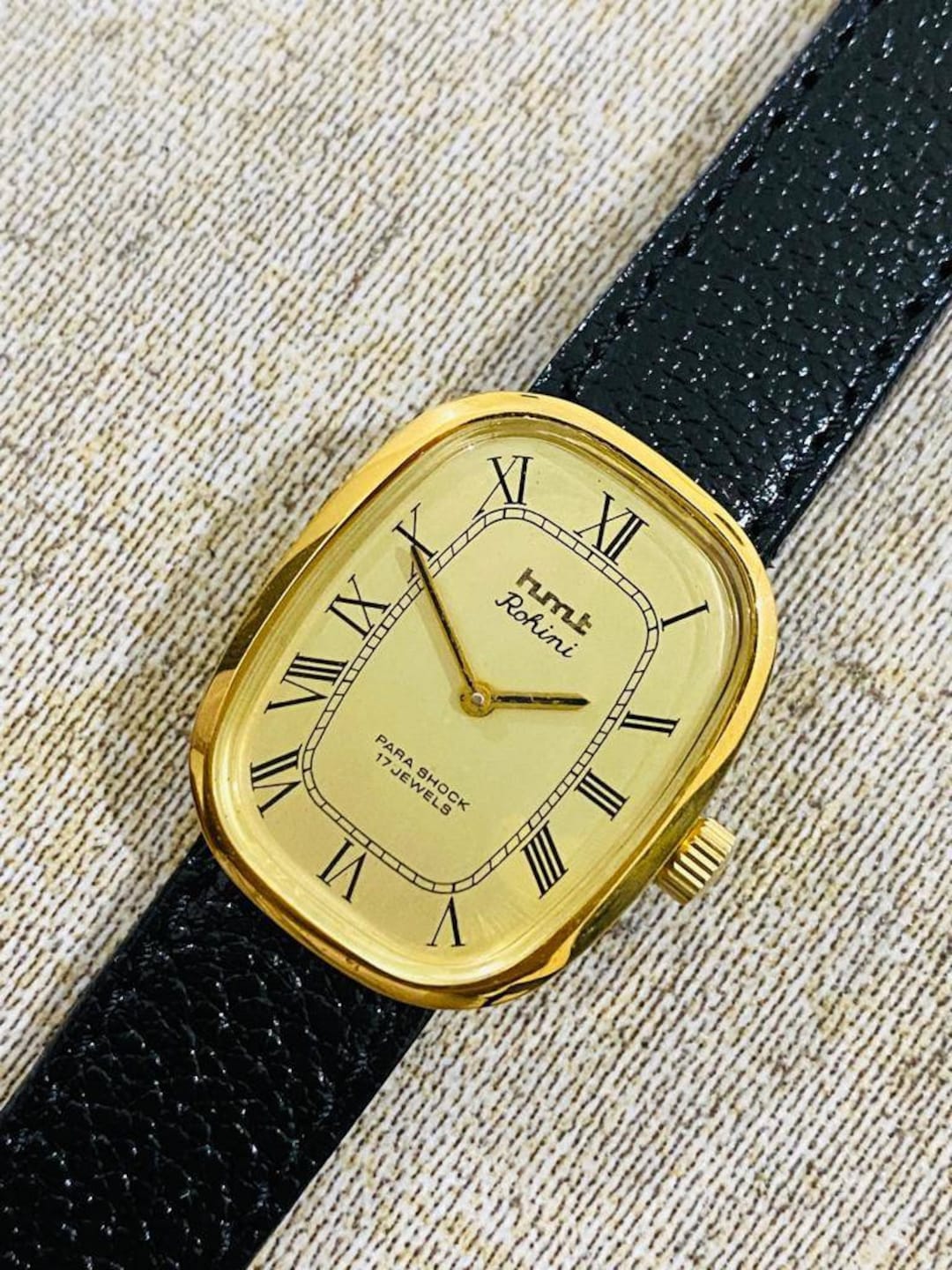 Beautiful Hmt Rohini Tank Golden Dial Two Hand 17jewels Mechanical Hand ...