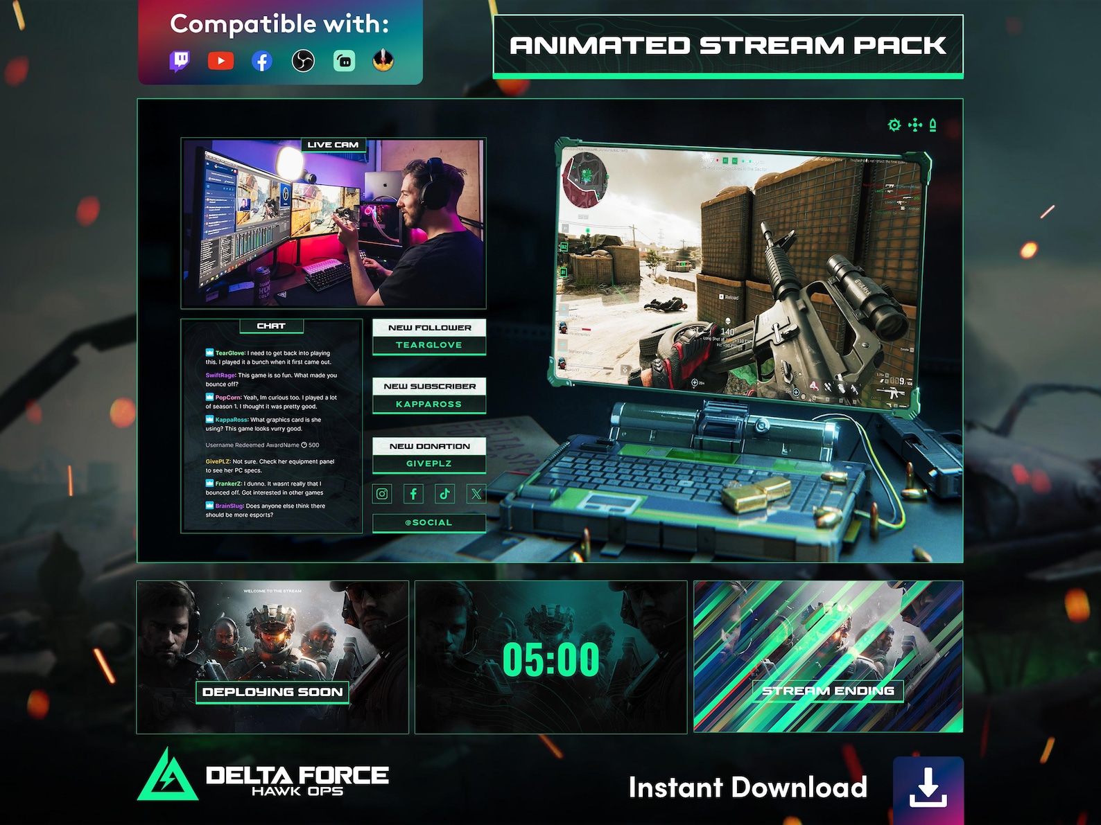Delta Force | Animated Twitch Youtube Live Streaming Screen Layout 1440p | Stinger, Countdown ...