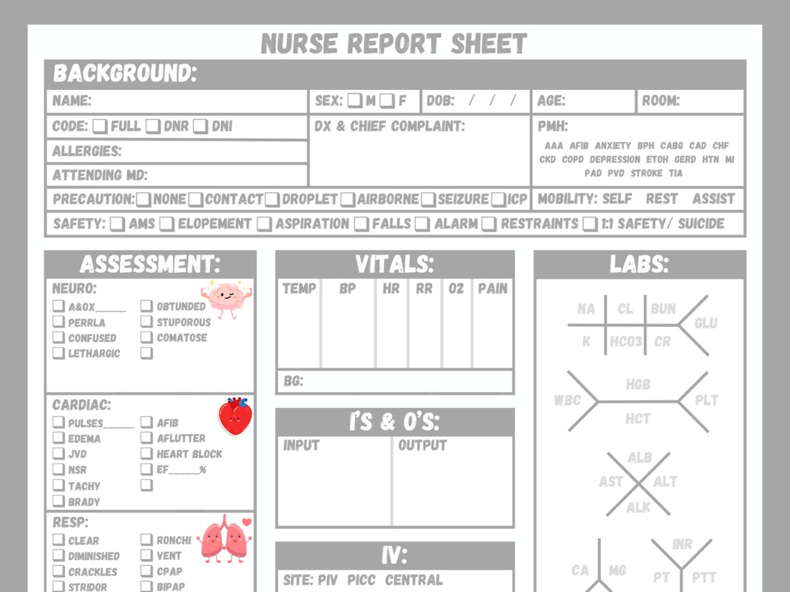 Nurse Report Sheet Medsurg Nurse Brain ICU Nurse Handoff Sheet RN ...
