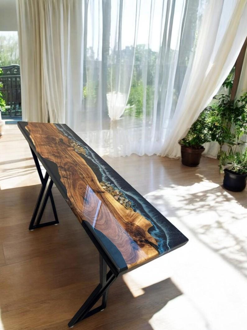 Custom Epoxy Table Walnut Wood Deep Ocean Sea and Waves Dining Table ...