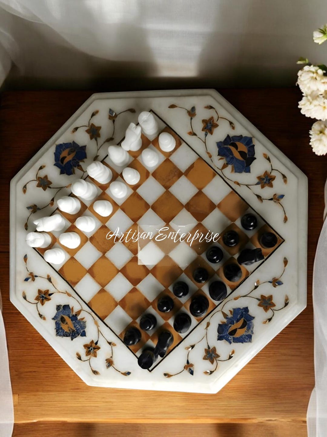 15" Beautiful Octagon White Marble Chess Board Set – Unique Home Decor ...