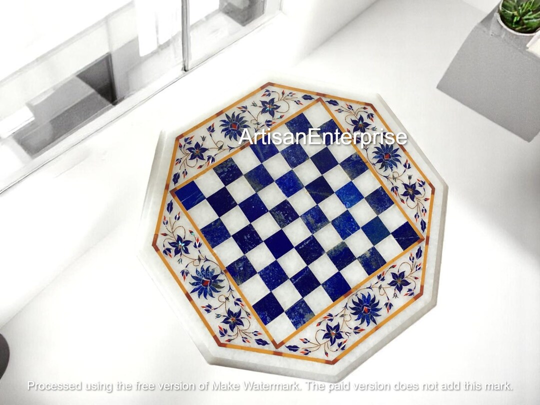 White Marble Chess Table Top With Lapis Lazuli Inlay – Handmade ...