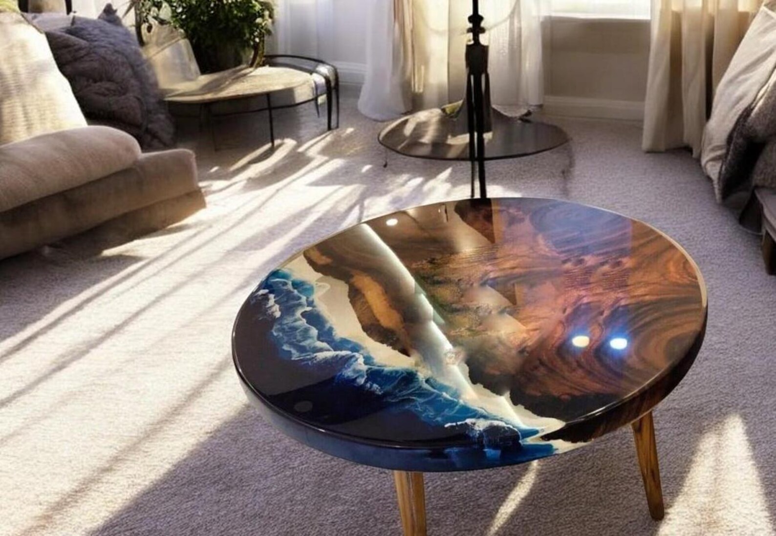 Epoxy Resin Tea Table With Natural Wood and Stunning Resin Ocean Wave ...