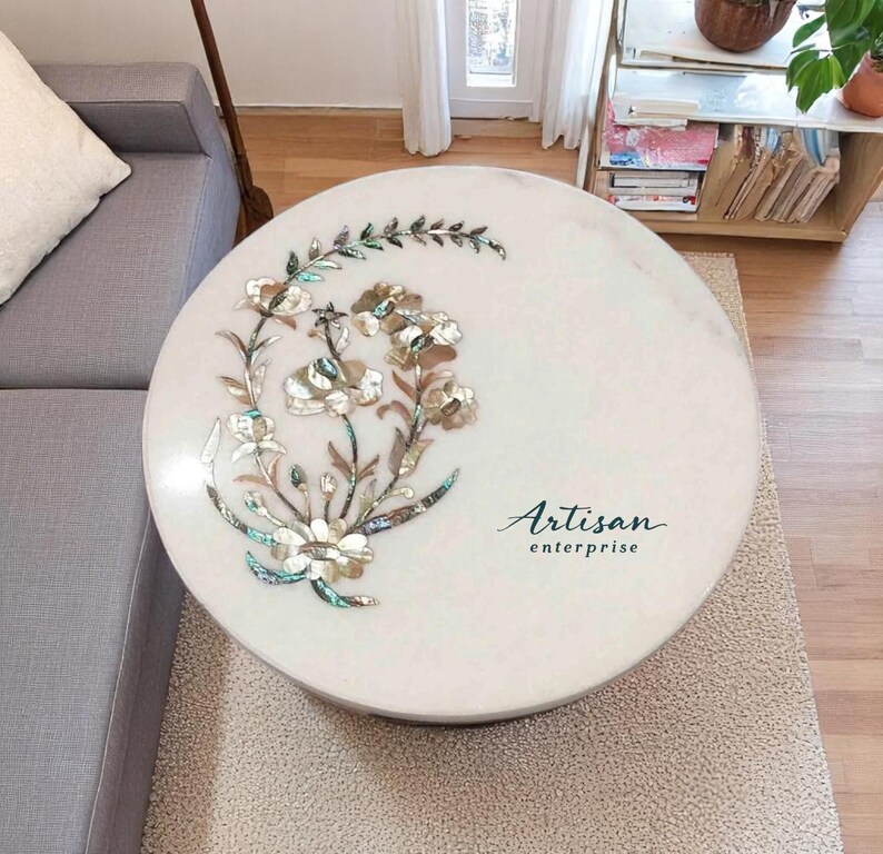 Luxury White Marble Inlay Coffee Table – Natural MOP & Abalone Shell ...