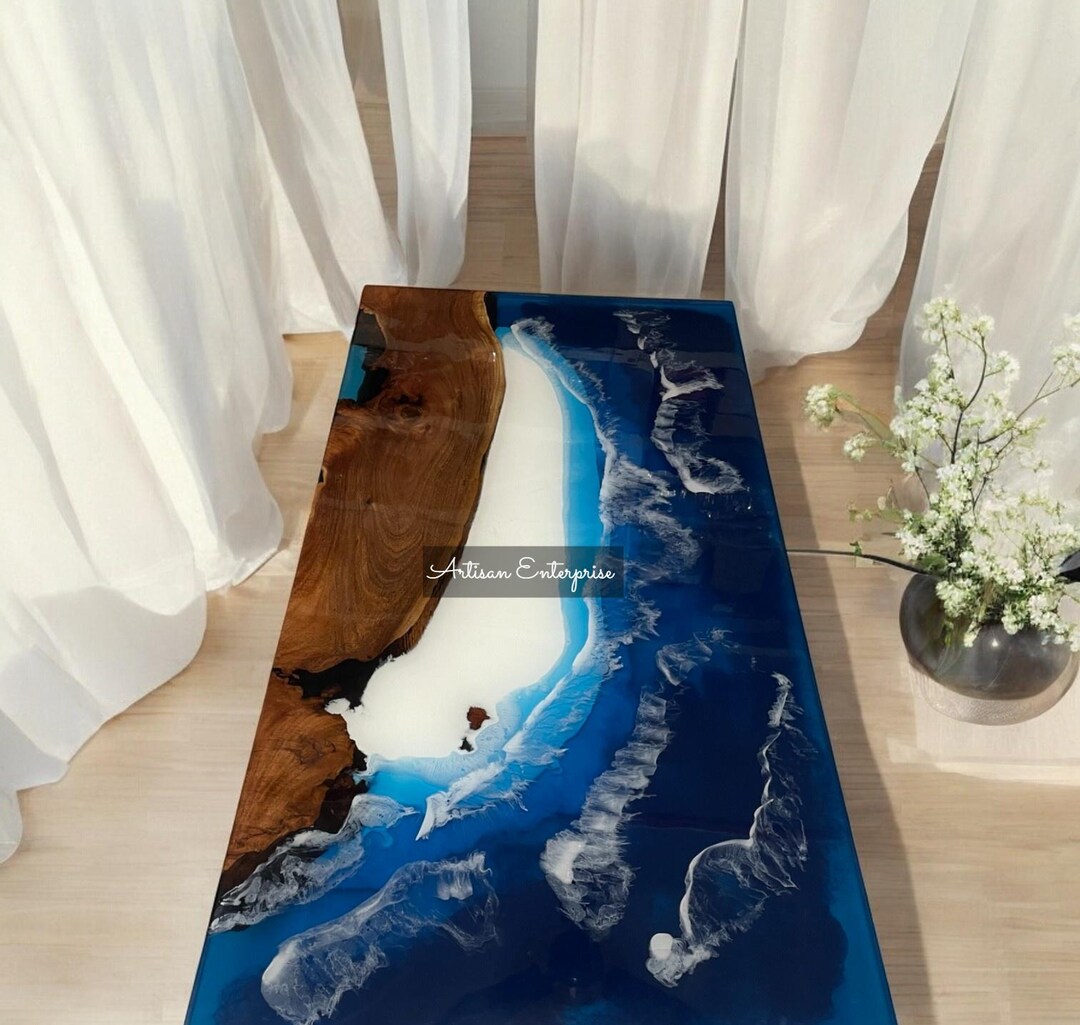 Blue Ocean Wave Epoxy Resin Table: Live Edge Wood, Modern Art - Etsy