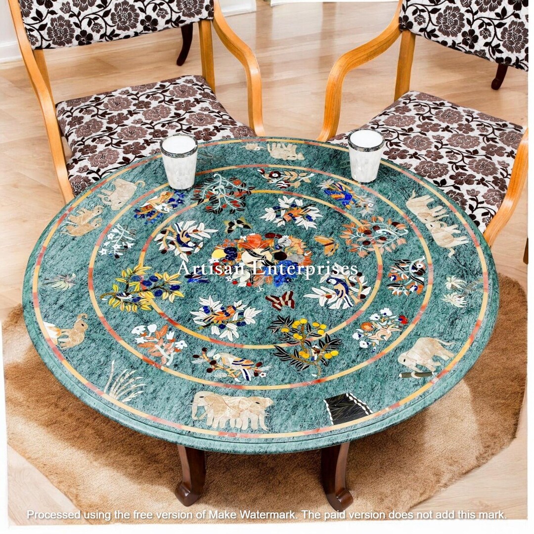 Elegant Green Marble Table Top, Stone Inlay Art, Decorative Accent ...