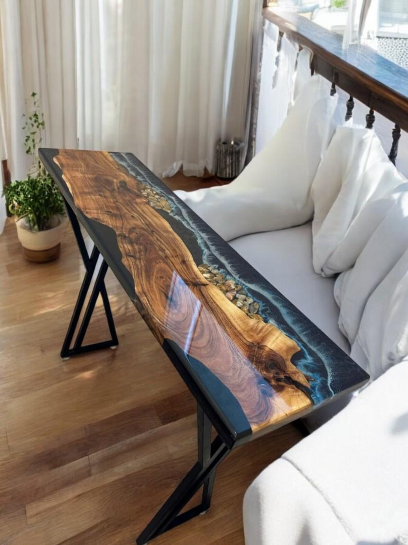 Custom Epoxy Table Walnut Wood Deep Ocean Sea and Waves Dining Table ...