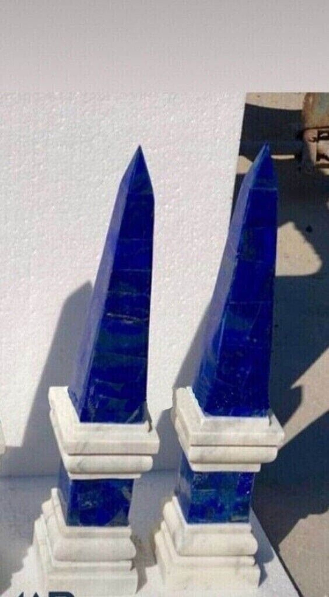 Set of 2 Obelisk Marble Sculpture Natural Lapis Lazuli Inlay Stone ...