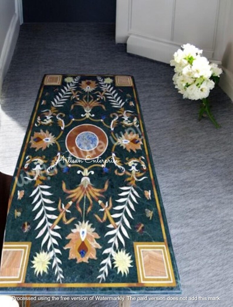 Sophisticated Green Marble Dining Table Top Multi Stone Inlay Art ...