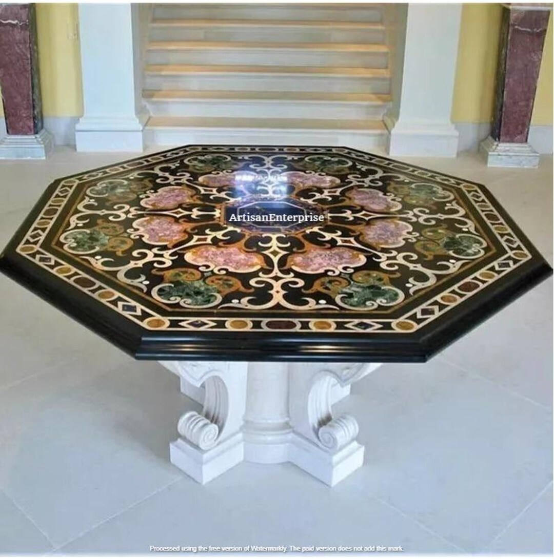 Handmade Black Marble Octagon Table Top: Precious Stone Inlay - Etsy