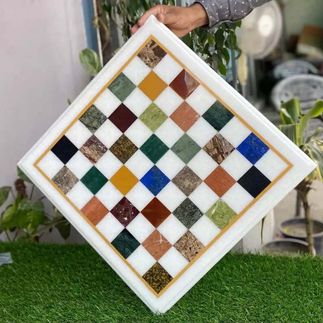 12 Handcrafted White Marble With Semi Precious Multi Stone Chess Board ...