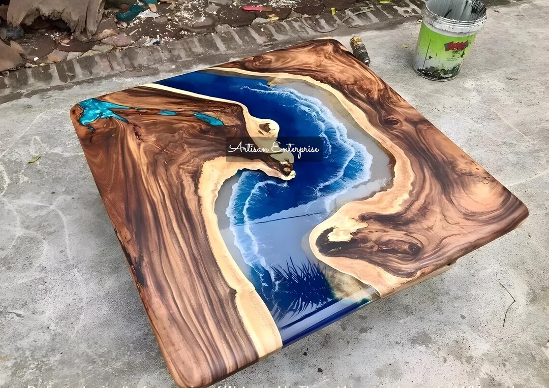 42" Elegant Blue Epoxy Resin Square Table Top – Unique River Design ...