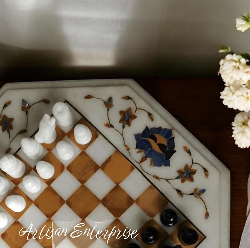 15" Beautiful Octagon White Marble Chess Board Set – Unique Home Decor ...