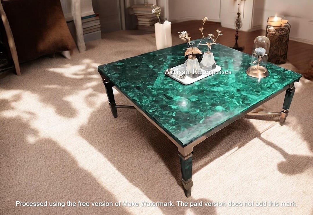 Square Malachite Gemstone Table Top, Green Stone Accent Table for ...
