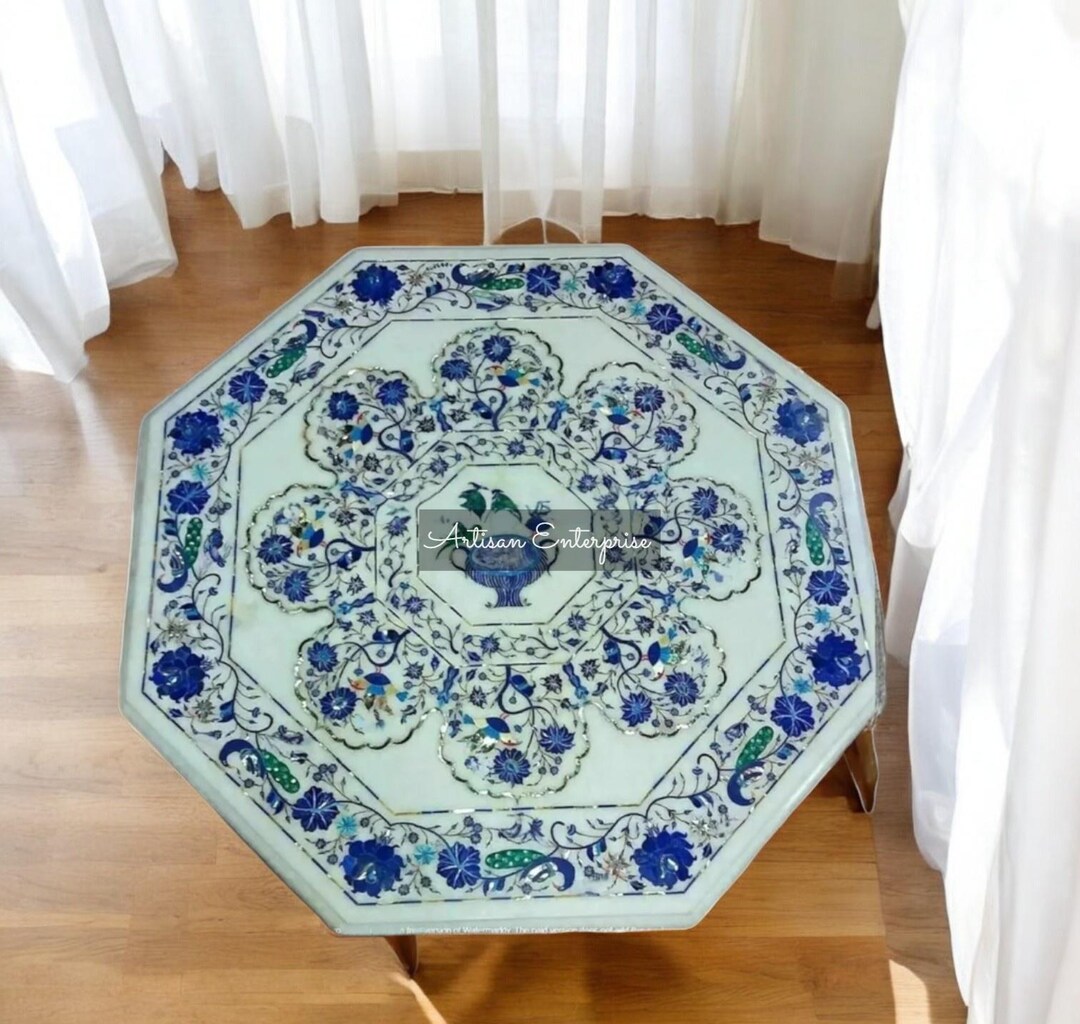 Luxury Octagon White Marble Sofa Coffee Table Top Lapis Lazuli Stone ...
