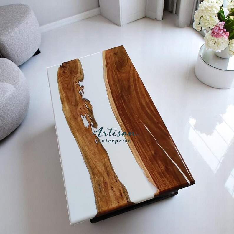 Handmade White Epoxy Resin Table: Modern Wood Slab Furniture - Etsy