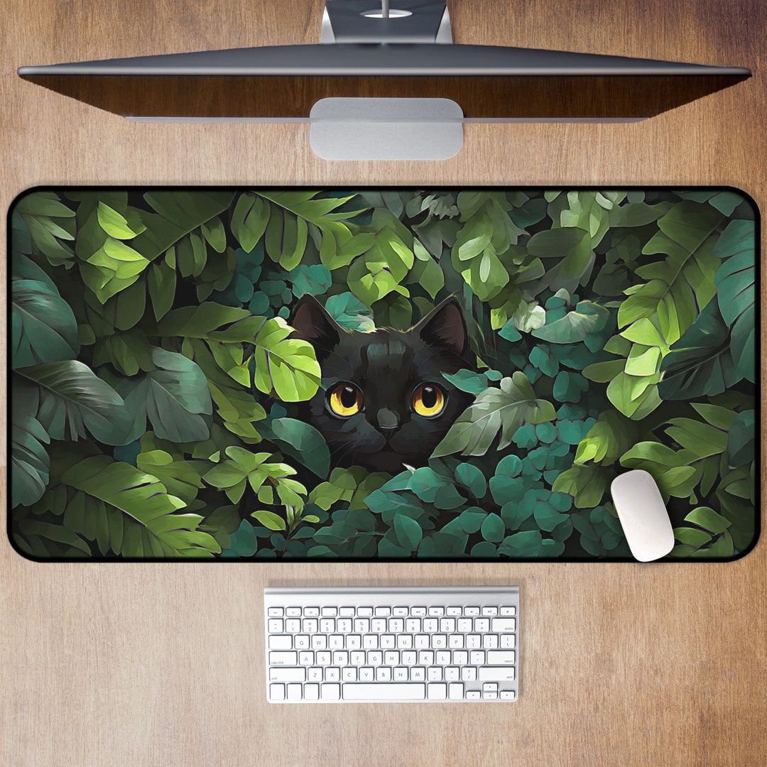 Cat Desk Mat, Green Nature Deskmat, Cottagecore Plant Desk Mat, Dark ...