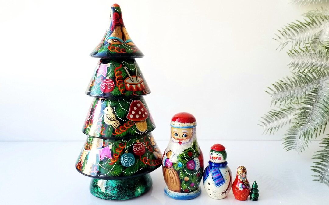Hand Painted Christmas Tree Nesting Doll Set: Wooden Stacking Toy - Etsy