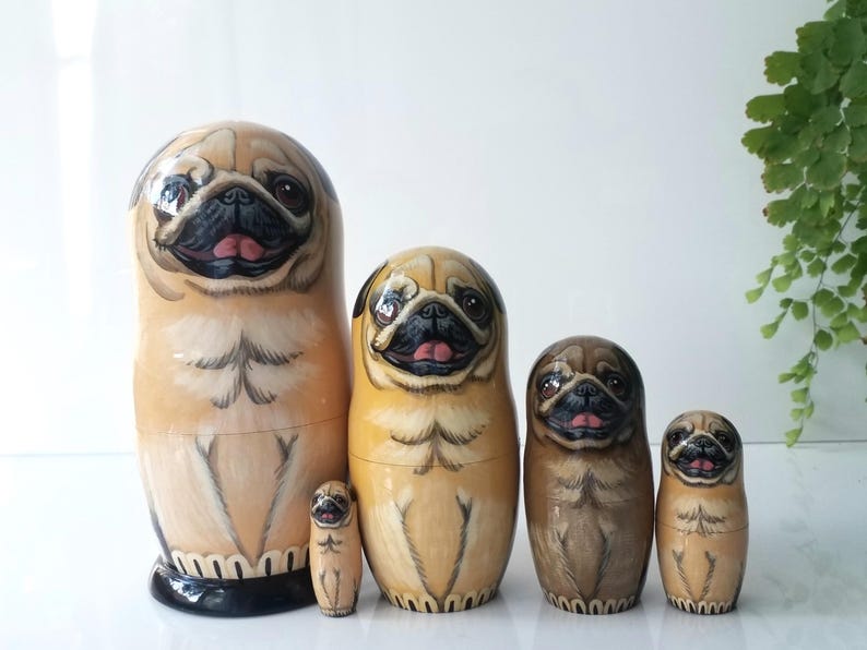 Pug. 5pcs Nesting Dolls Made of Wood Hand-painted Pug Figure Handmaid ...