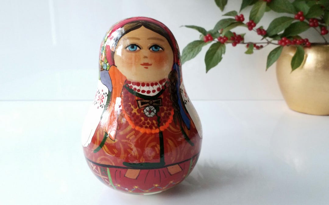 5-1/2" Round Shape Tilting Doll Like Matryoshka Doll Hand Made Wooden Roly-poly Chime Figure ...