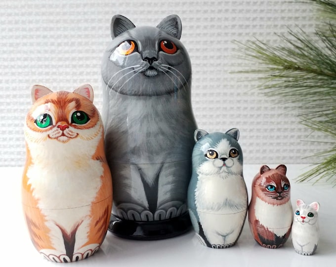 Hand-painted Cat Nesting Dolls, 5-piece Wooden Matryoshka Set - Etsy