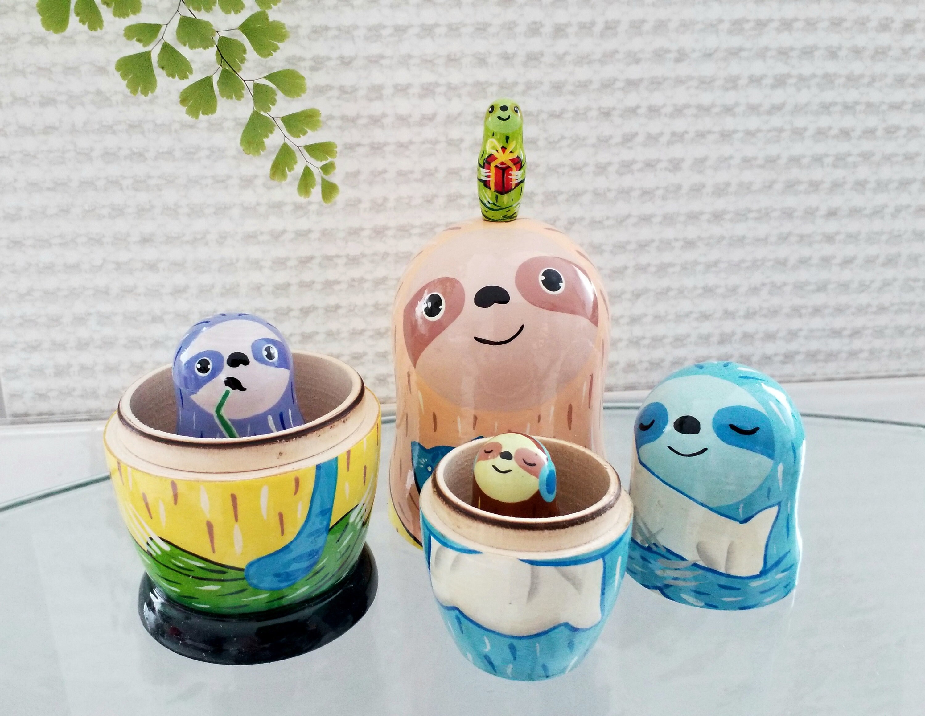 Sloth Family of Five With Blue Cat Nesting Set Hand Painted - Etsy