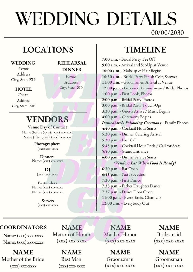 Wedding Day Onesheet - Vendor, Venue, Bridal Party Information. Custom ...