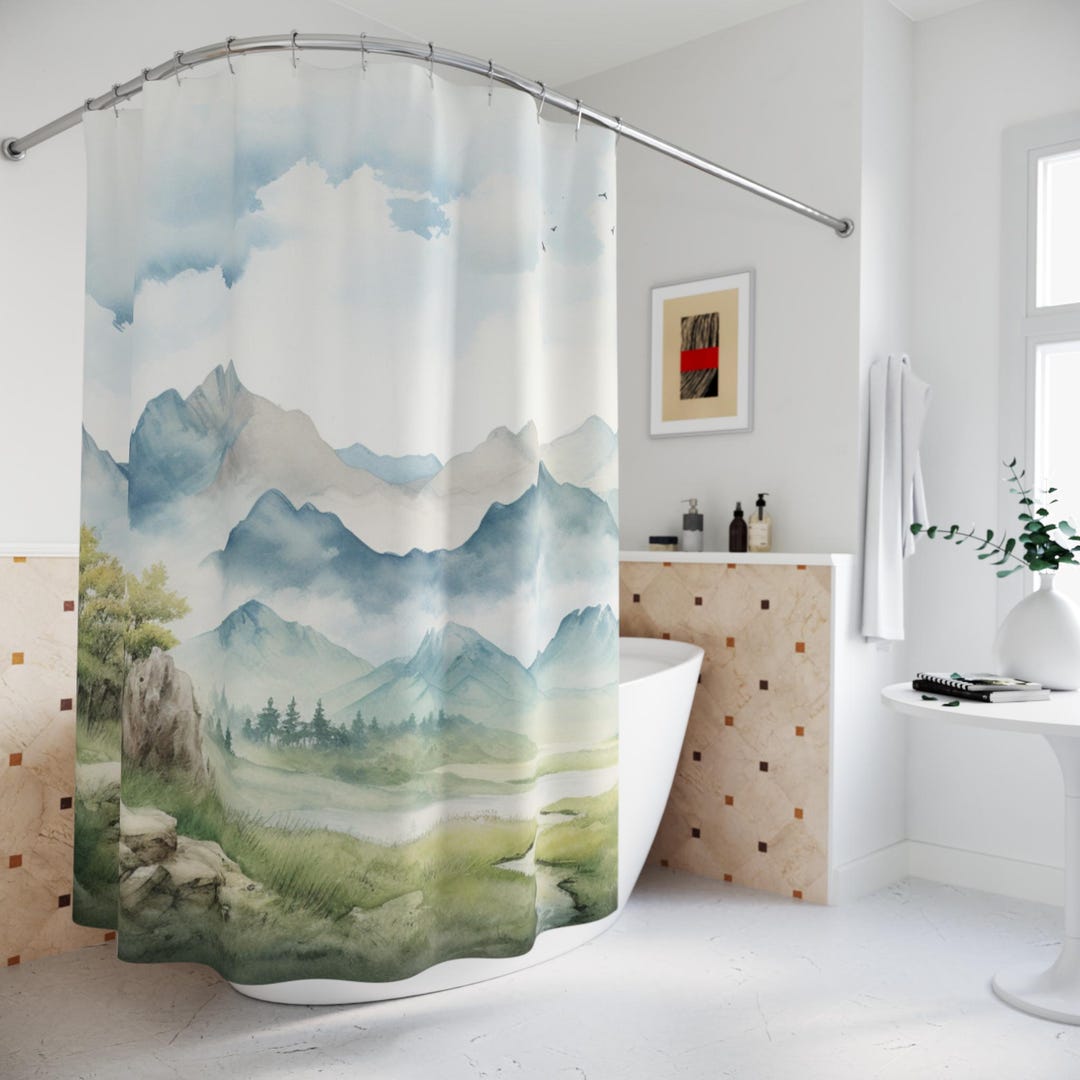Watercolor Mountain Shower Curtain Nature Bath Decor Pine Forest ...