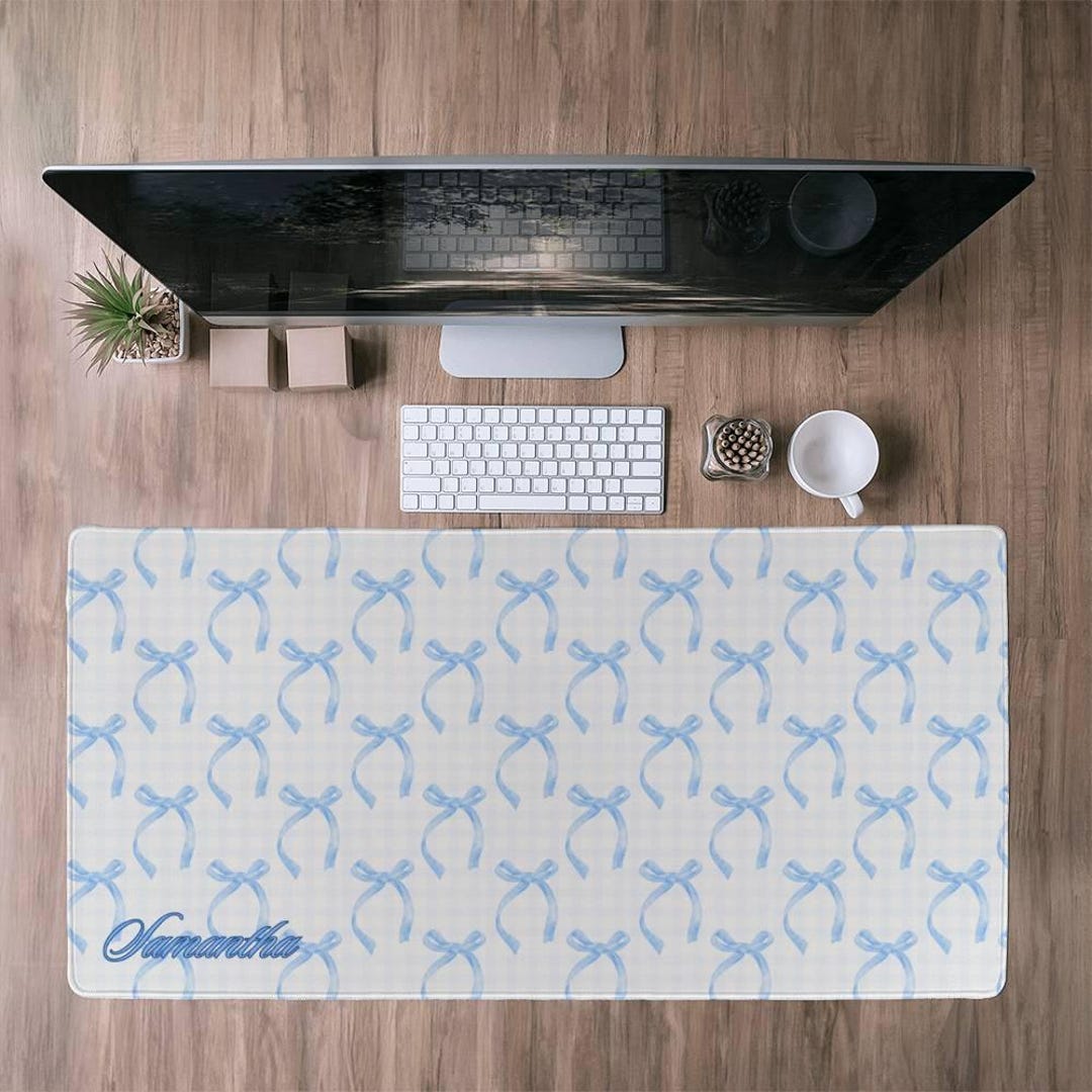 Personalized Coquette Pattern Desk Mat Blue Bow Gingham Desk Pad Girly ...
