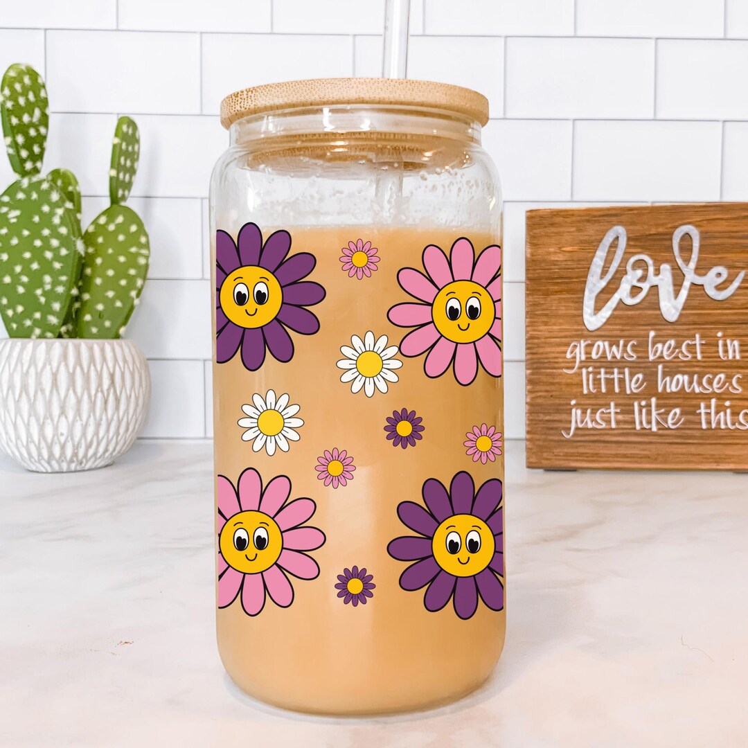 Retro Daisy Glass Cup Floral 70s Glass Cup Iced Coffee Glass With Lid ...