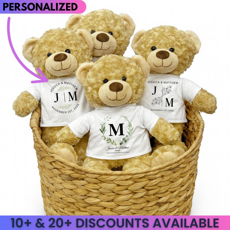 Personalized Wedding Favor Teddy Bear Custom Initials Names Date Thank ...
