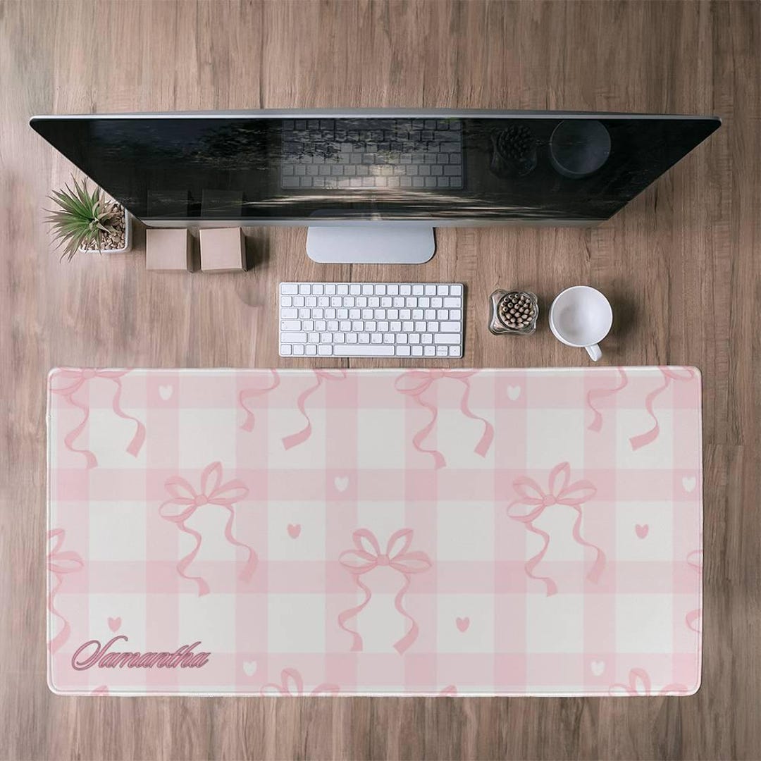 Personalized Coquette Pattern Desk Mat Gingham Pink Bow Gingham ...