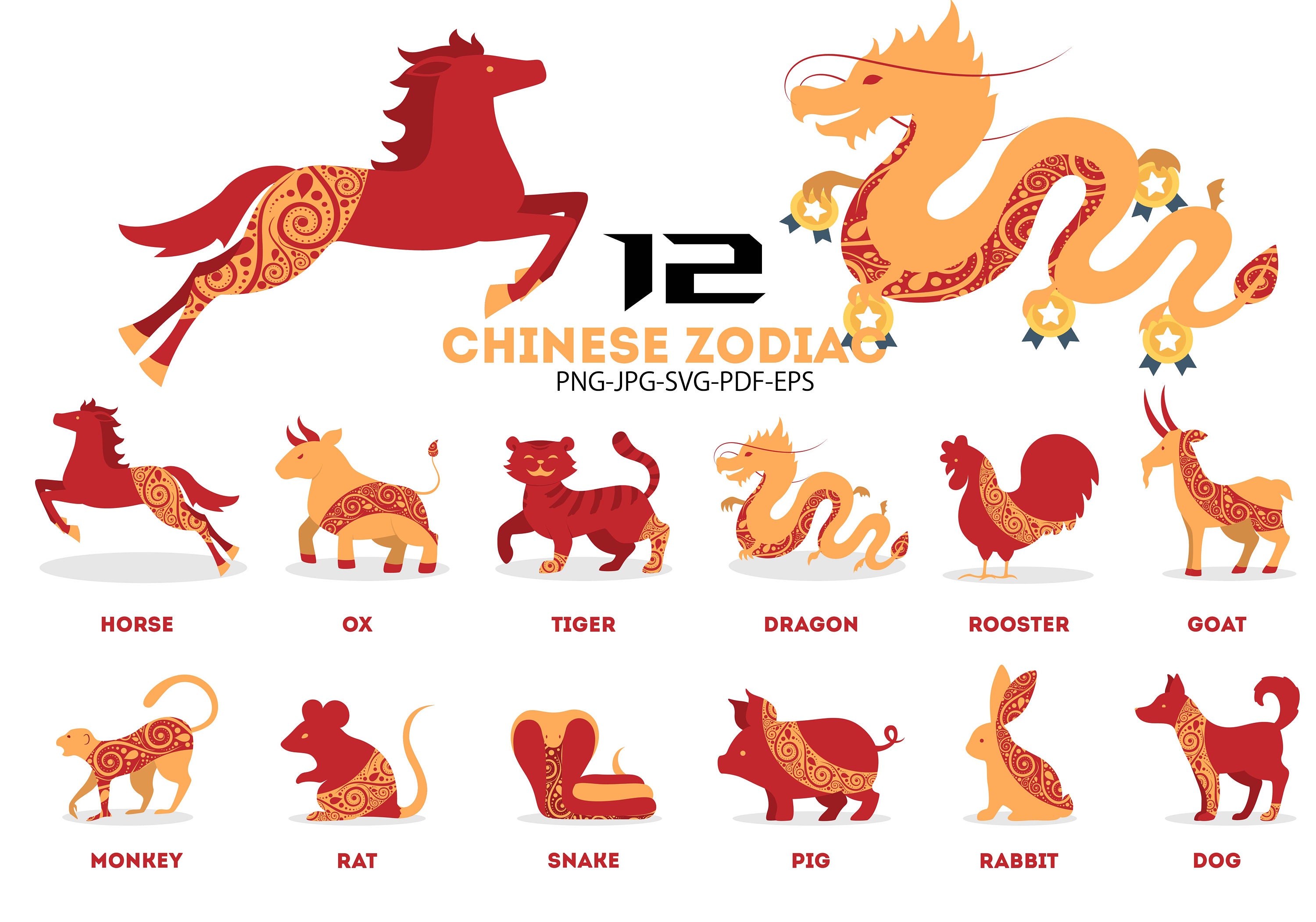 Chinese Zodiac Clipart Extravaganza: 4 Sets, 12 Animals Each – Unleash ...