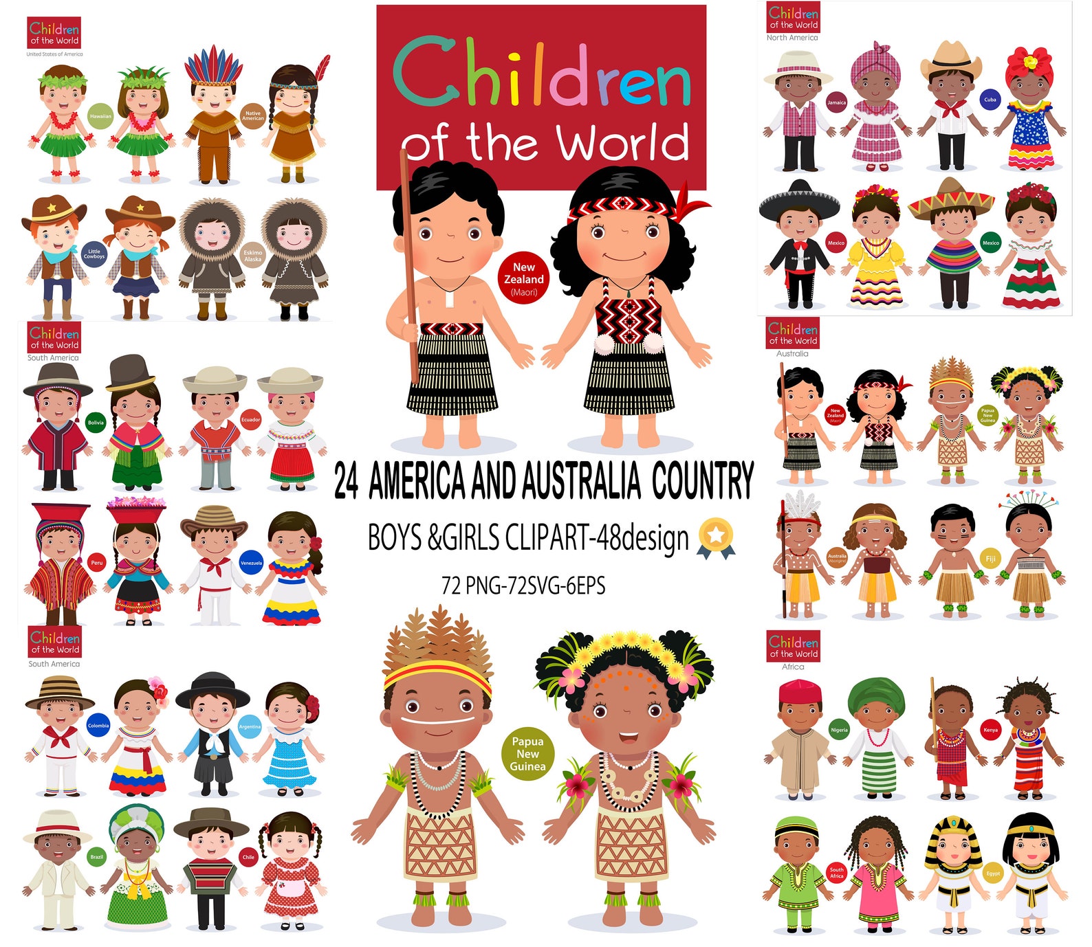 24multicultural Children Clipart: North America Oceania (PNG, SVG, EPS ...