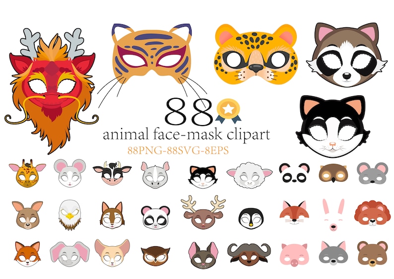 88 Animal Face Mask Clipart: Zoo Character PNG SVG (digital Download ...